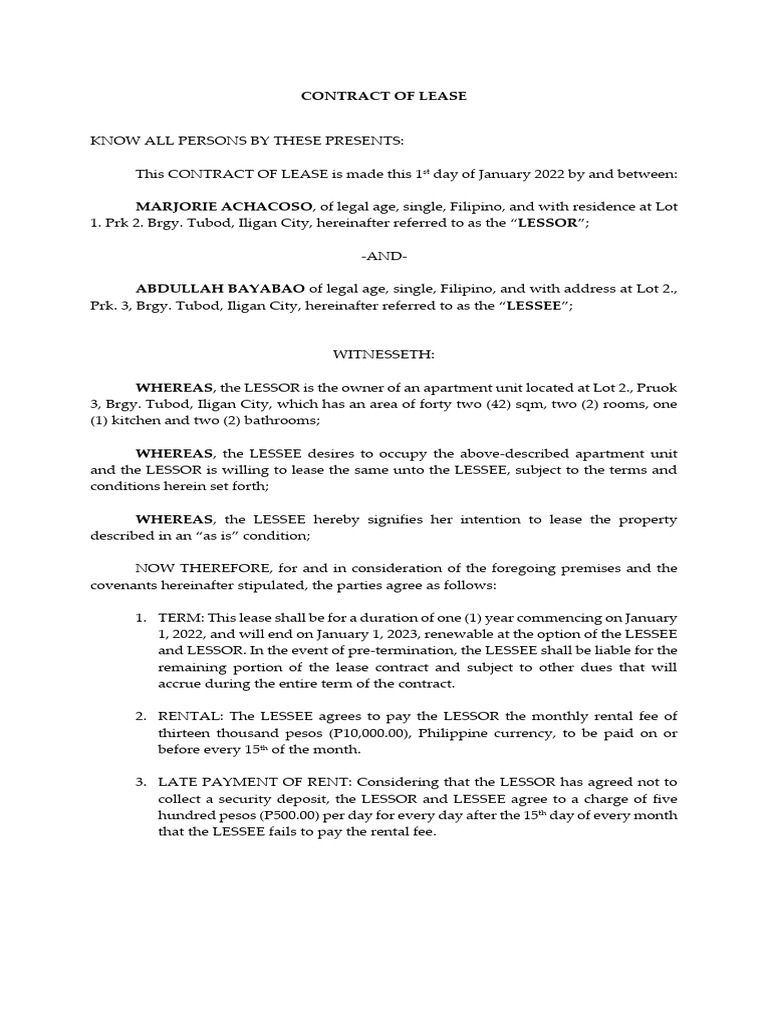 Contract of Lease Annex A | PDF | Lease | Law Of Obligations