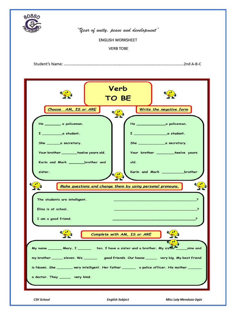 Verb To Be Worksheet for Students | PDF