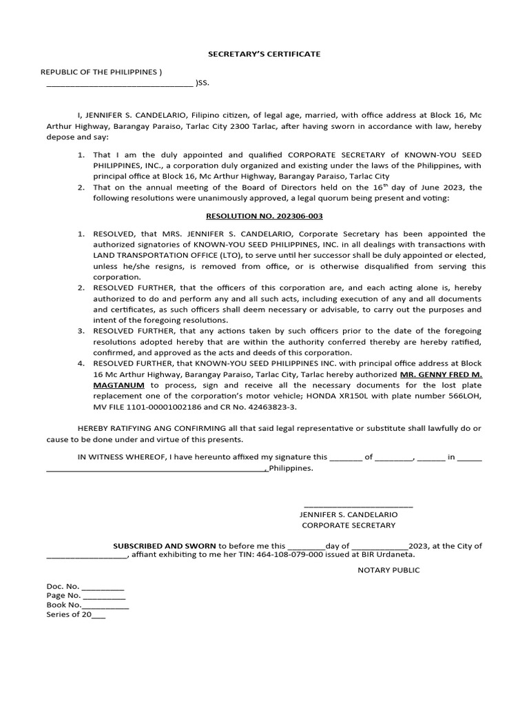 Secretary Certificate Lost Plate | PDF | Governance | Legal Documents