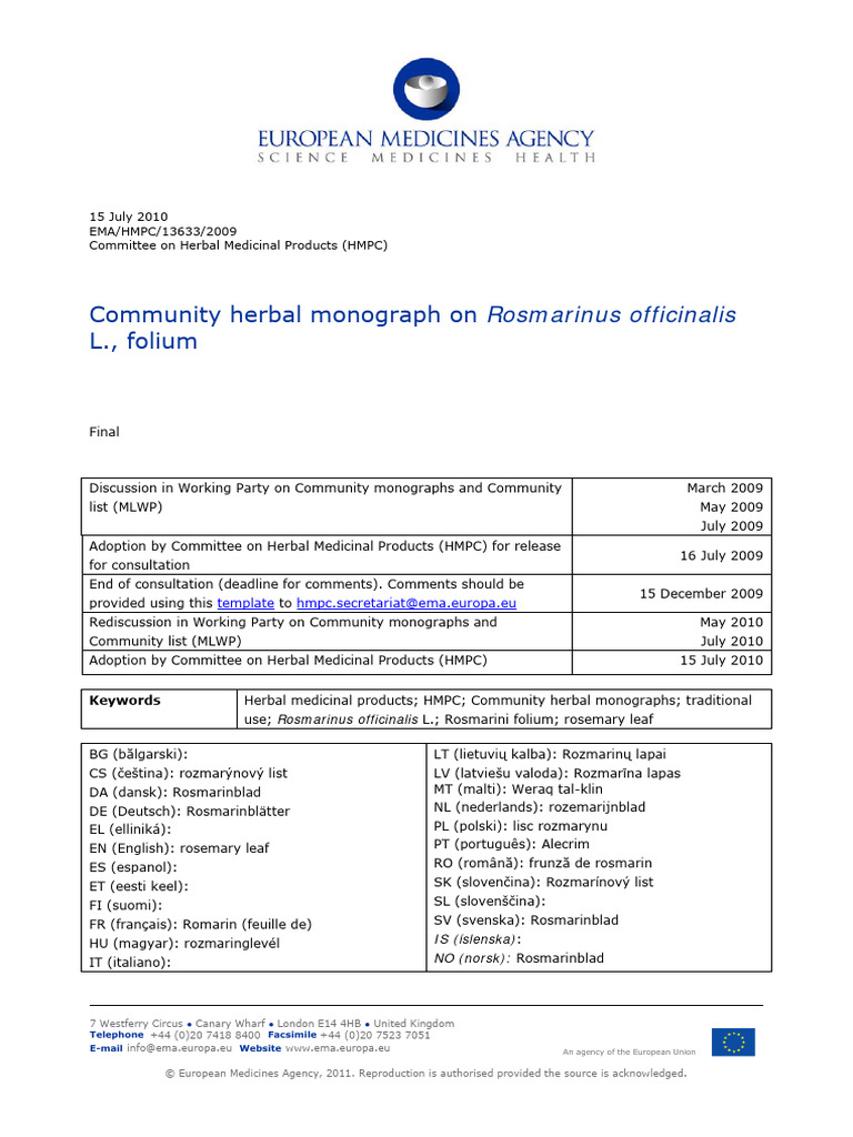 Community Herbal Monograph: Rosemary Leaf | PDF | Diseases And ...