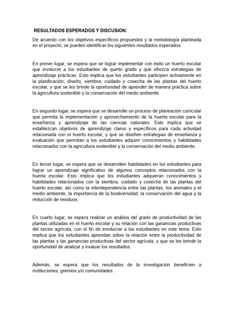 Resultados Esperados y Discusion | PDF | Aprendizaje | Evaluación