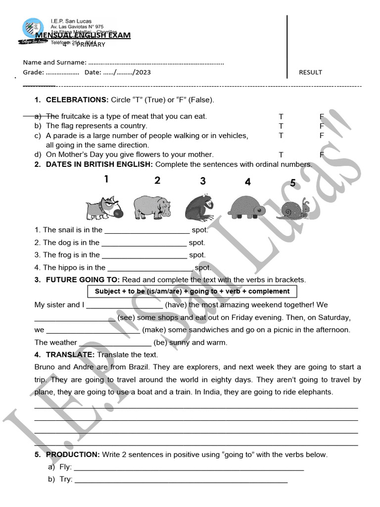 EXAMEN INGLES 4to Grado | PDF