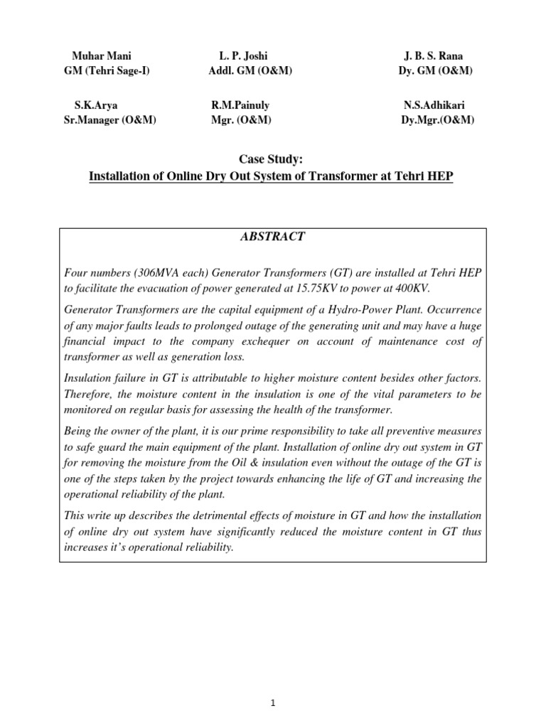 Case Study - Installation of Online Dryout System of Transformer ...