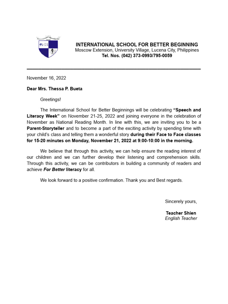 STORYTELLING BY A PARENT-LETTER of INVITATION | PDF