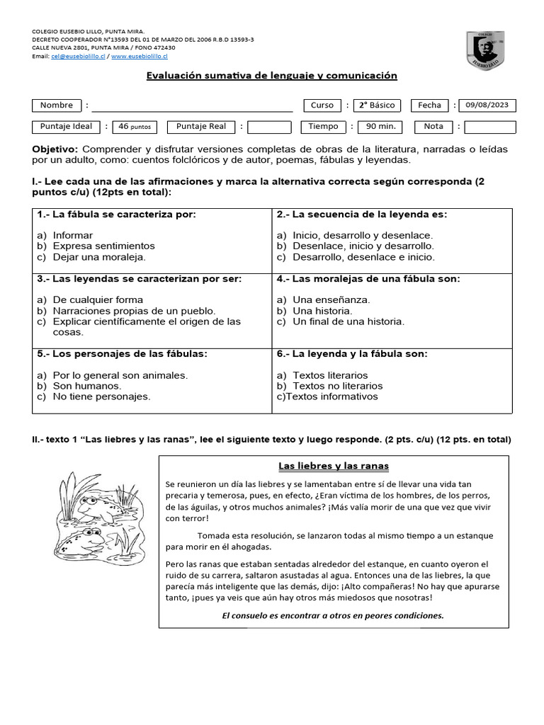 Evaluación de Lenguaje Mes de Agosto | PDF | Fábula