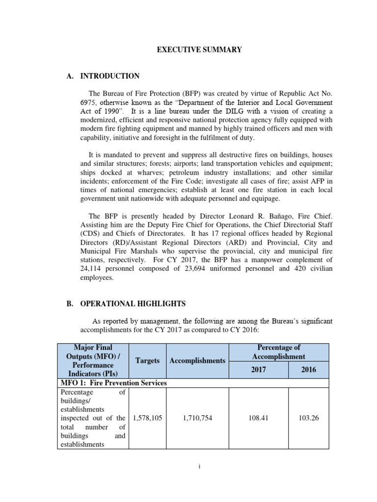 Bureau of Fire Protection Executive Summary 2017 | PDF | Fire Safety | Inventory