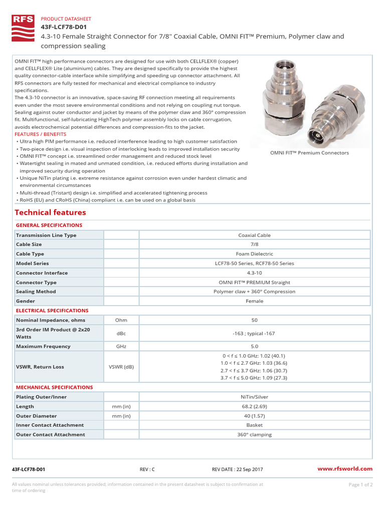 4.3-10 Female Straight Connector For 7/8" Coaxial Cable, OMNI FIT ...