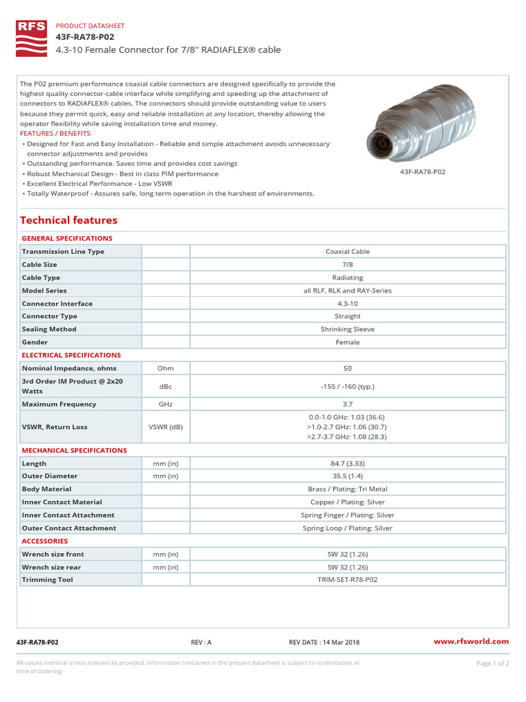 Technical Features: 4.3-10 Female Connector For 7/8" RADIAFLEX® Cable ...