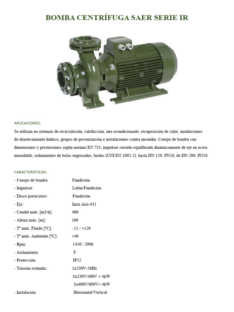 Bomba Centrífuga Saer Serie Ir | PDF | Hogar, jardinería y bricolaje | Informática