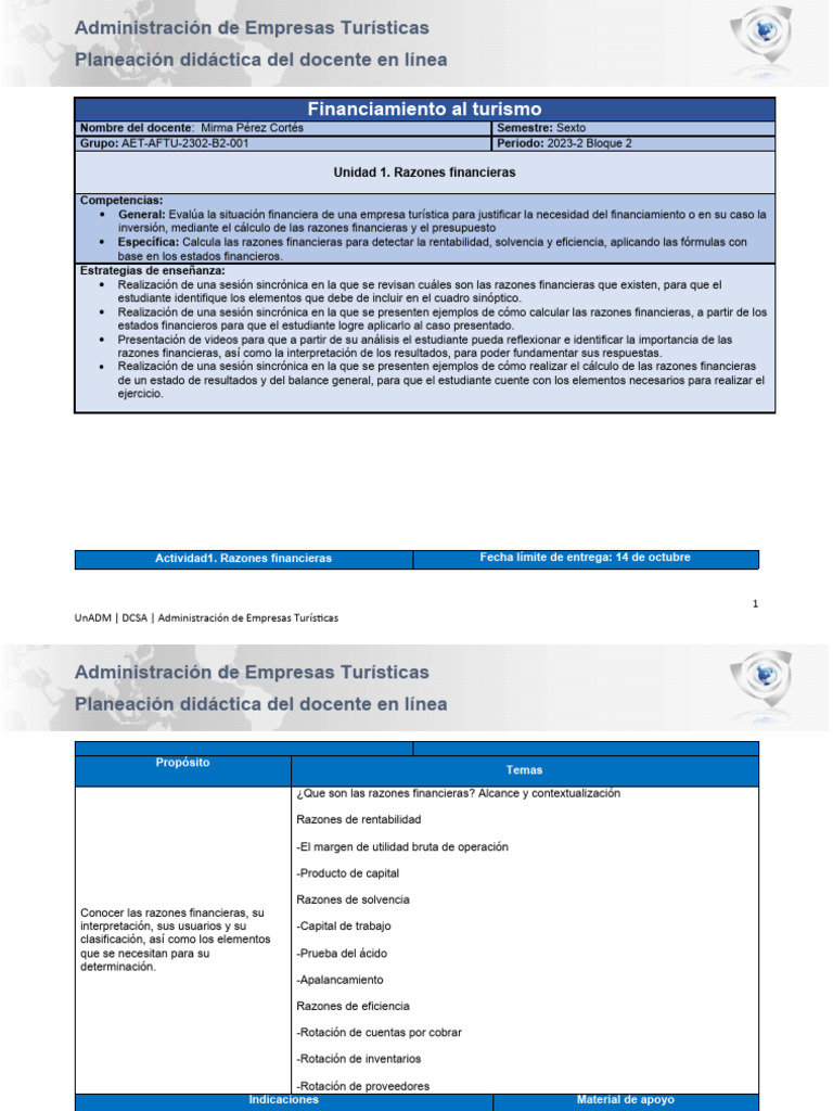 AFTU-2302-B2-001 - Planeación Didáctica - U1 | PDF | Rentabilidad sobre recursos propios | Youtube