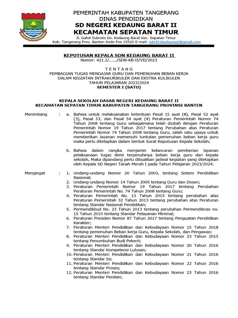 SK Pembagian Tugas Mengajar 2023-2024 Semester 1 - KB Ii | PDF