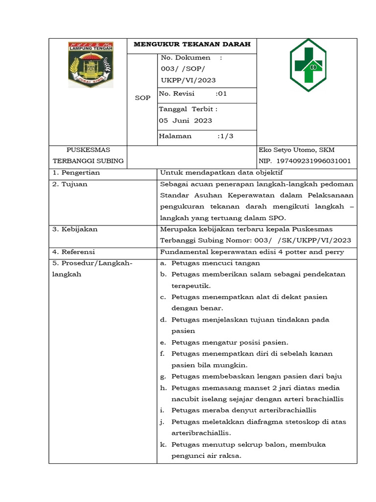 SOP Pengukuran Tekanan Darah | PDF