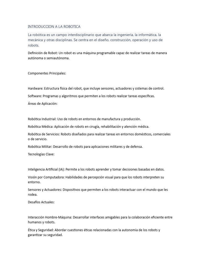 INTRODUCCION A LA ROBOTICA | PDF | Robot | Robótica