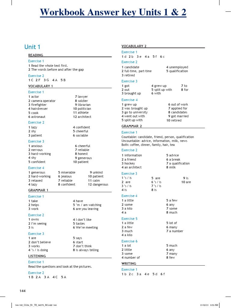 Close Up Units 1 & 2 Workbook - Answer - Key - b1 | PDF | Waiting Staff ...