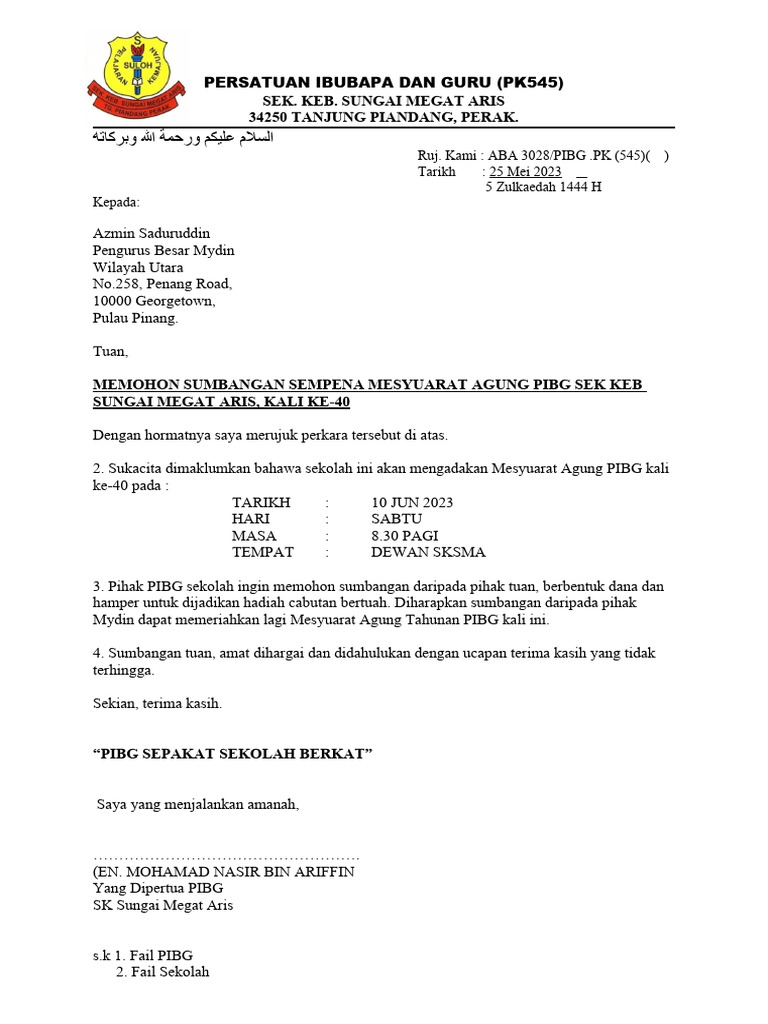 Permohonan Sumbangan Mesyuarat PIBG | PDF