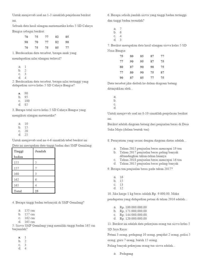 Soal MTK Kls 5 Membaca Dan Menyajikan Data | PDF