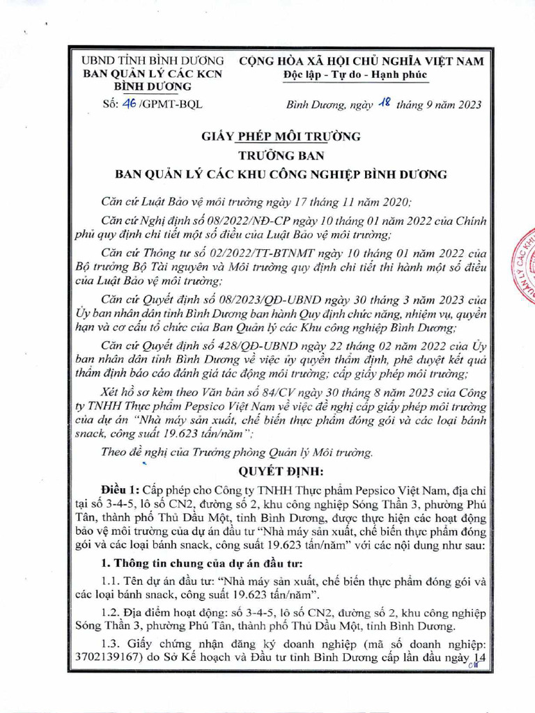 46 - GPMT - BQL - 18092023 - Thuc Pham Pepsico Viet Nam | PDF