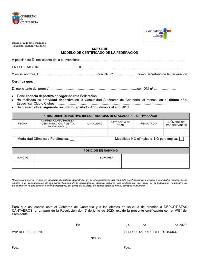 ANEXO III Certificado Federación | PDF