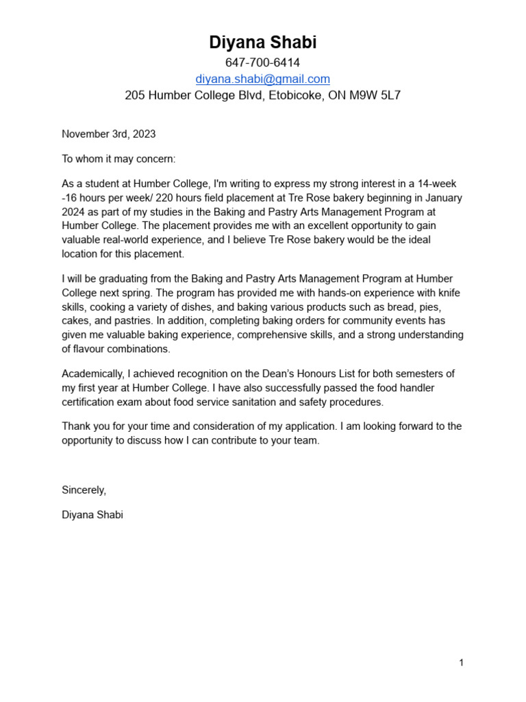 Humber Collge-Diyana Shabi Resume Package | PDF | Baking | Desserts