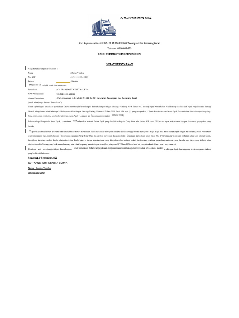 Surat Pernyataan Melaporkan FP Tepat Waktu - Rev - 00 TKS | PDF