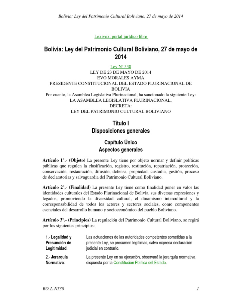 Bolivia: Ley Del Patrimonio Cultural Boliviano, 27 de Mayo de 2014 | PDF | Patrimonio cultural ...