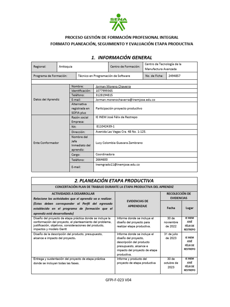 FormatoPlaneacionseguimientoyevaluacionetapaproductiva - Inem | PDF