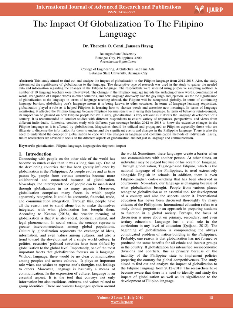 The Impact of Globalization To The Filipino Language | PDF | Globalization | Language Acquisition