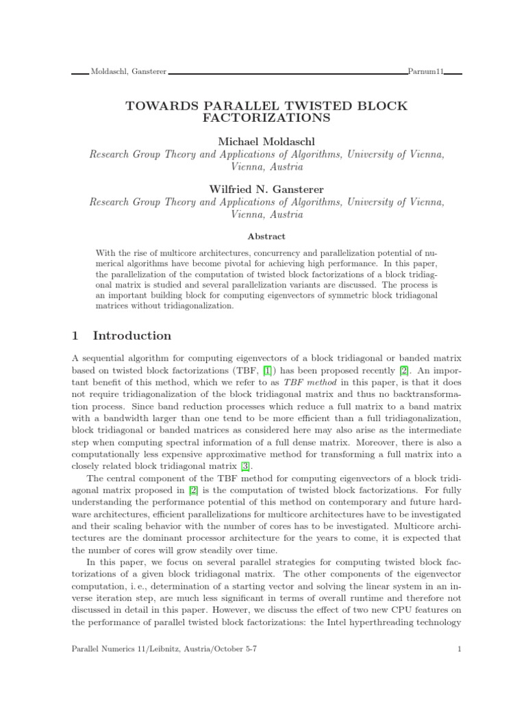 Towards Parallel Twisted Block Factorizations: Moldaschl, Gansterer Parnum11 | PDF | Parallel ...