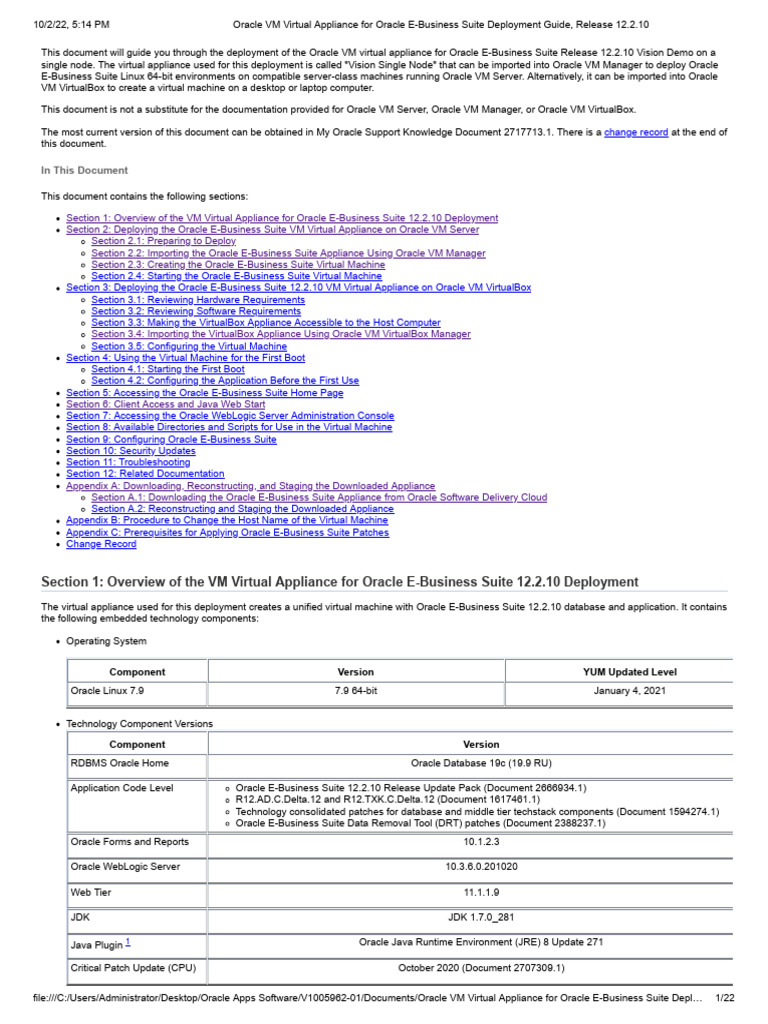Oracle VM Virtual Appliance For Oracle E-Business Suite Deployment Guide, Release 12.2.10 | PDF ...