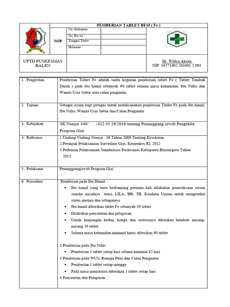 SOP Pemberian Tablet Fe | PDF