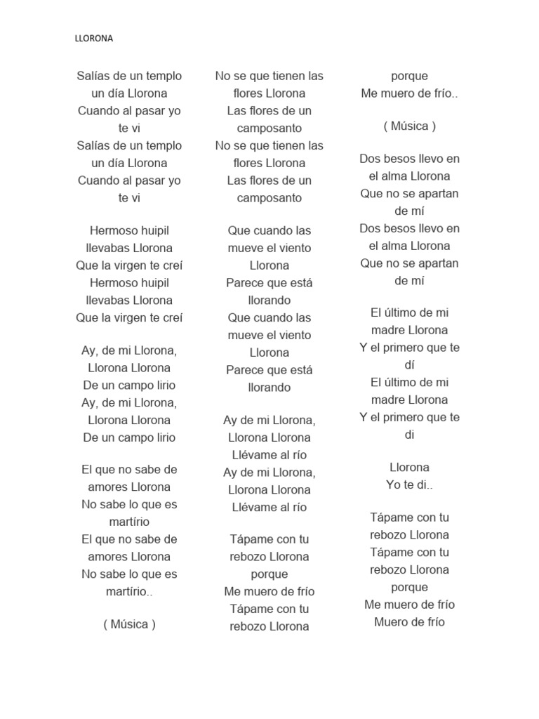 Letra Cancion Llorona | PDF
