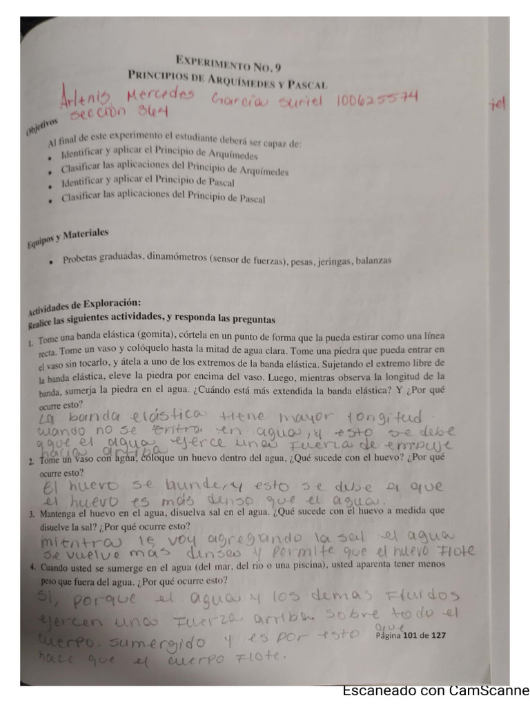 Práctica No.9 Principio de Arquímedes y Pascal | PDF