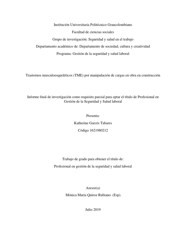 Proyecto Katherin Garces Tabares | PDF | Dolor lumbar | Sistema musculoesquelético