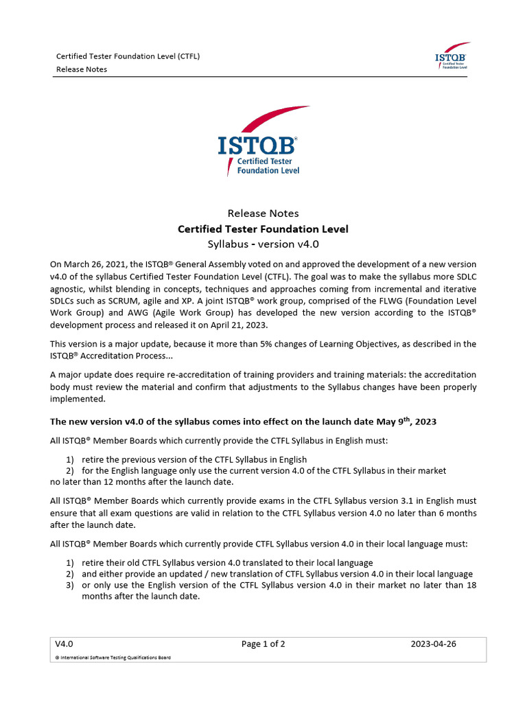 ISTQB CTFL Release-Notes v4.0 CHZRTZH | PDF | International Software ...