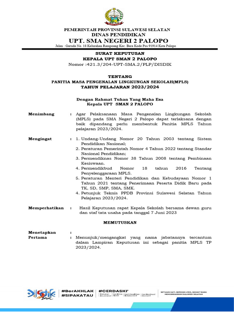 Contoh Sk Panitia Mpls 2023(22 06 2023) | PDF