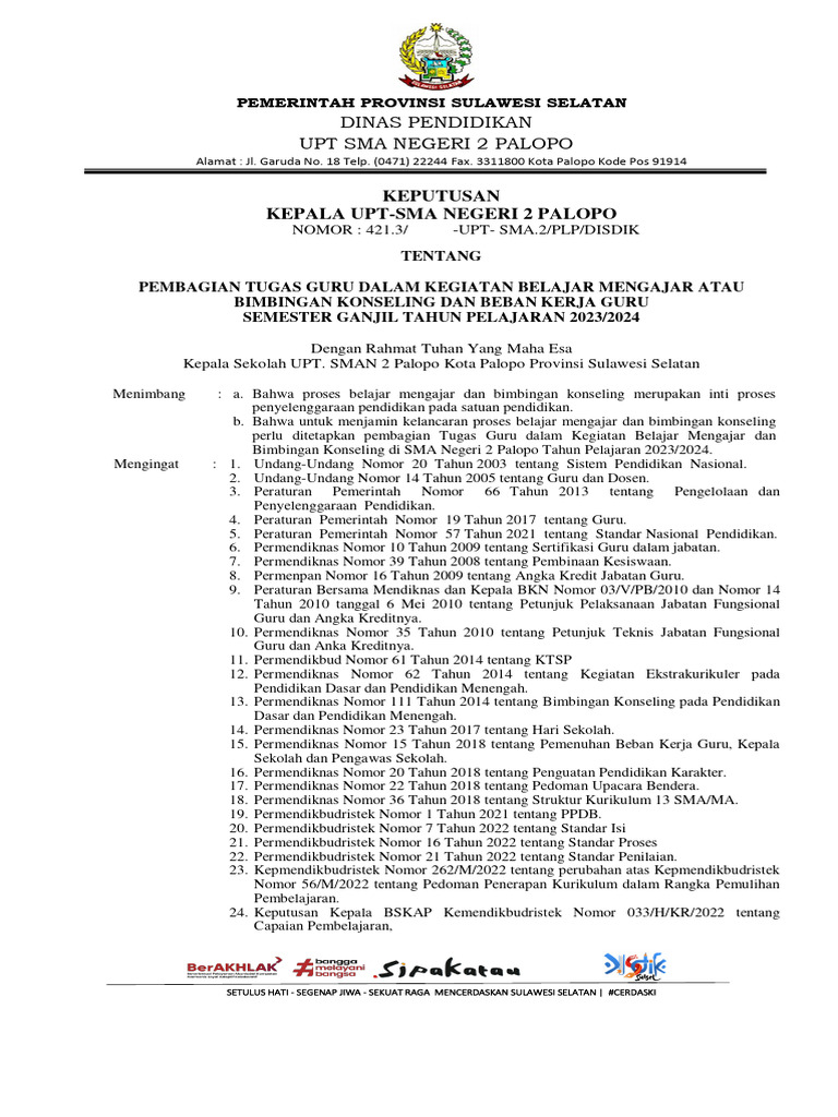 Contoh SK BEBAN TUGAS SEMESTER GANJIL 2023-2024 (30 KELAS) | PDF