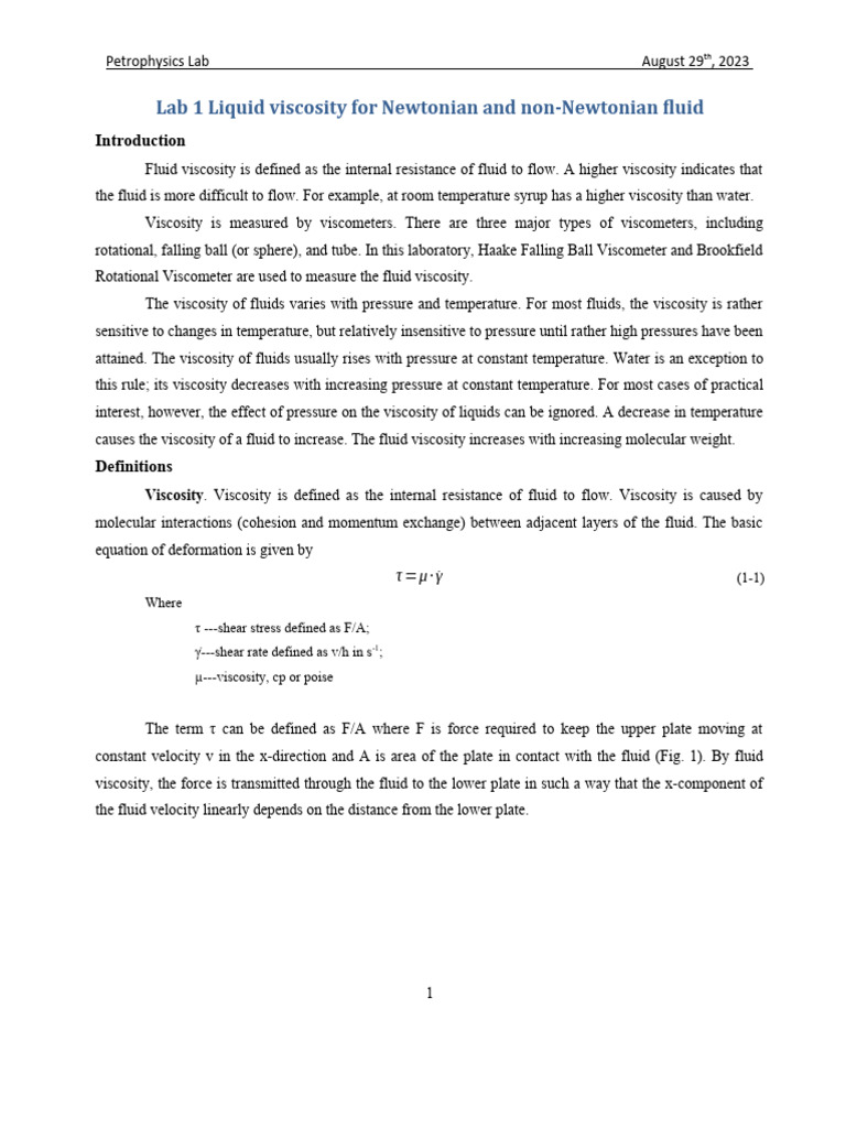 Lab 1 Liquid Viscosity For Newtonian Fluid (Falling Ball Method) and Liquid Density | Download ...