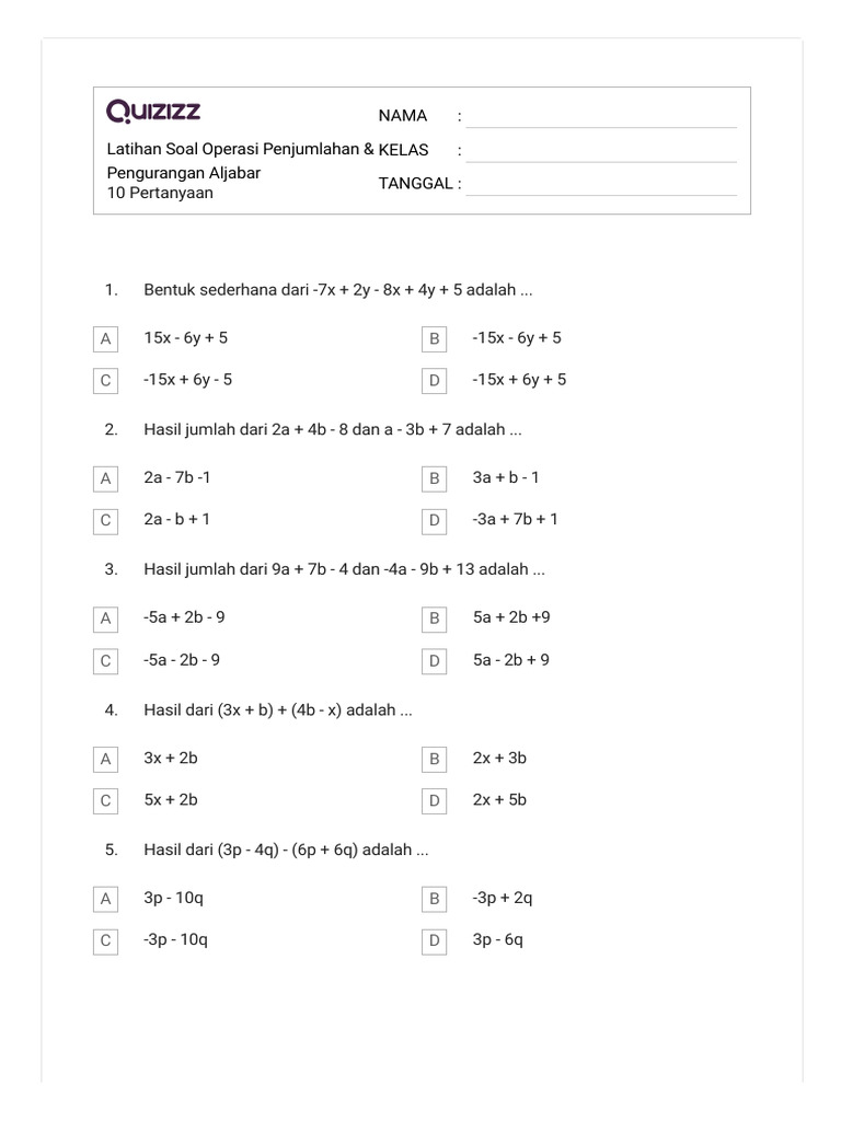 Latihan Soal Operasi Penjumlahan & Pengurangan Aljabar | PDF
