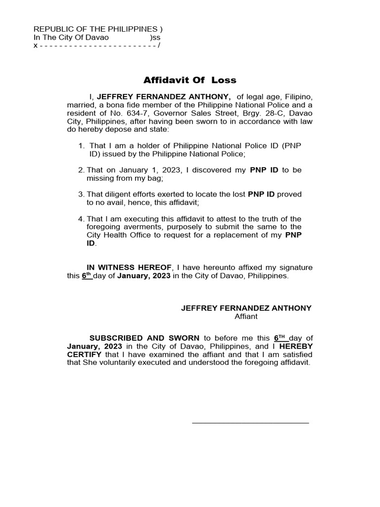 LOSS Sample | PDF | Affidavit | Civil Law (Common Law)
