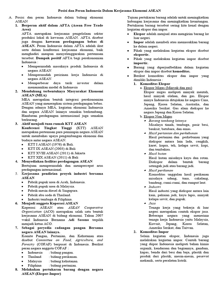 Posisi Dan Peran Indonesia Dalam Kerjasama Ekonomi ASEAN | PDF