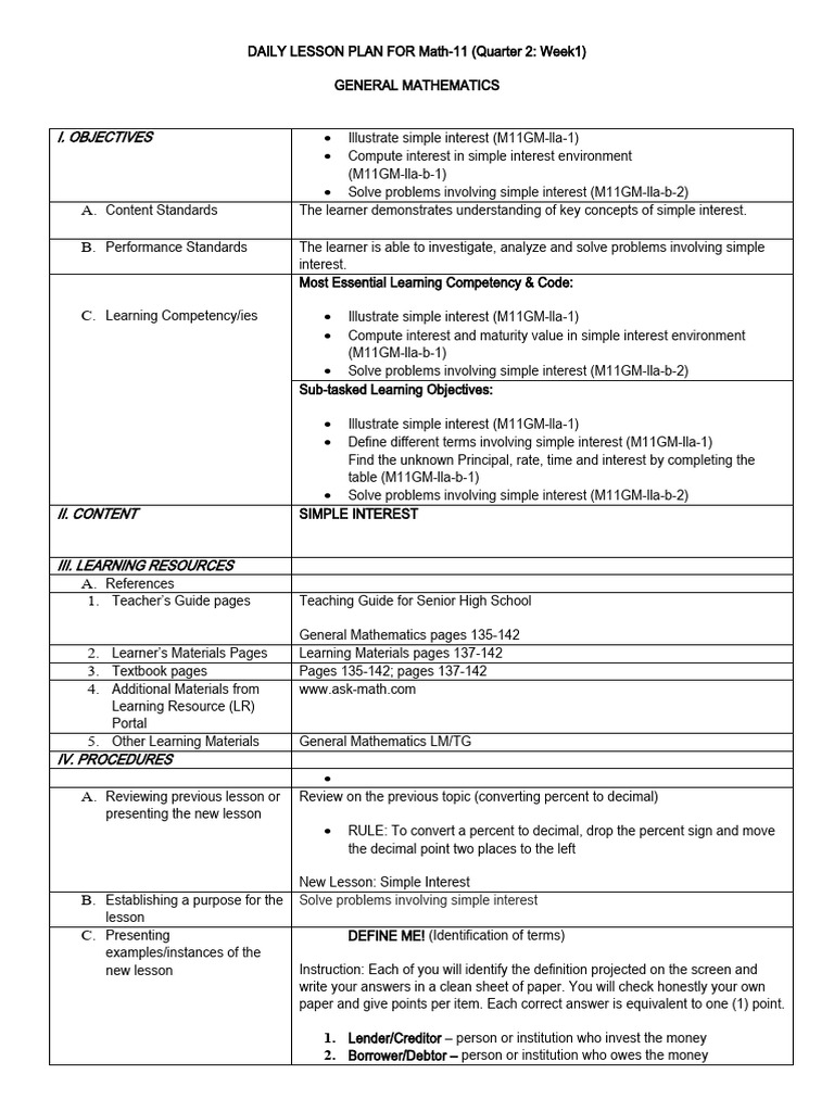 Daily Lesson Plan For Math Quarter 2 | PDF | Interest | Debt