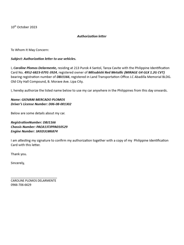 Vehicle Use Authorization Letter | PDF | Law