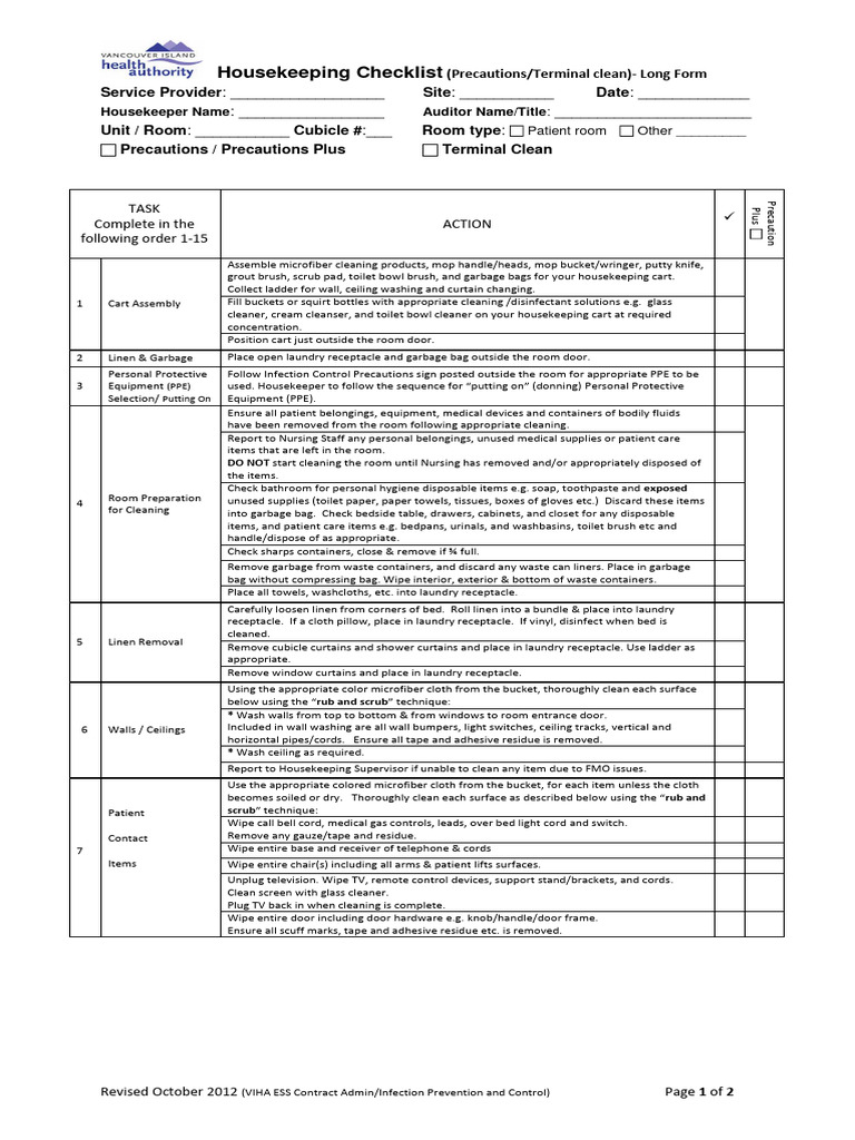 Housekeeping Checklist | Download Free PDF | Housekeeping | Hygiene