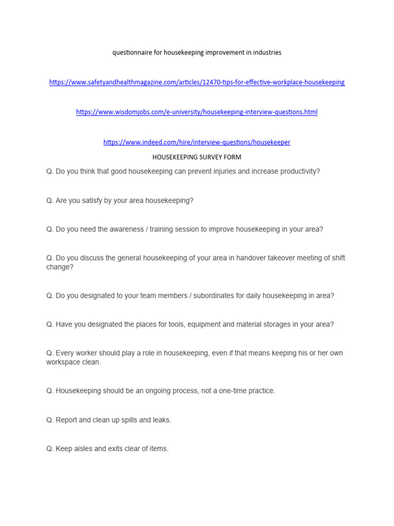 Housekeeping Survey | PDF