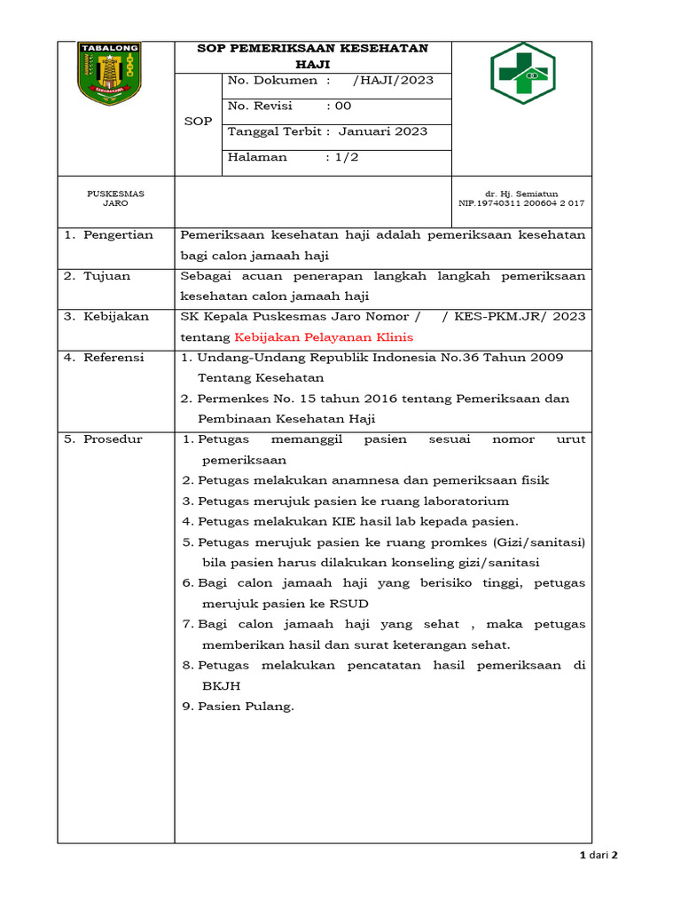 SOP Pemeriksaan Kesehatan Haji | PDF SOP Pemeriksaan Kesehatan Haji | PDF