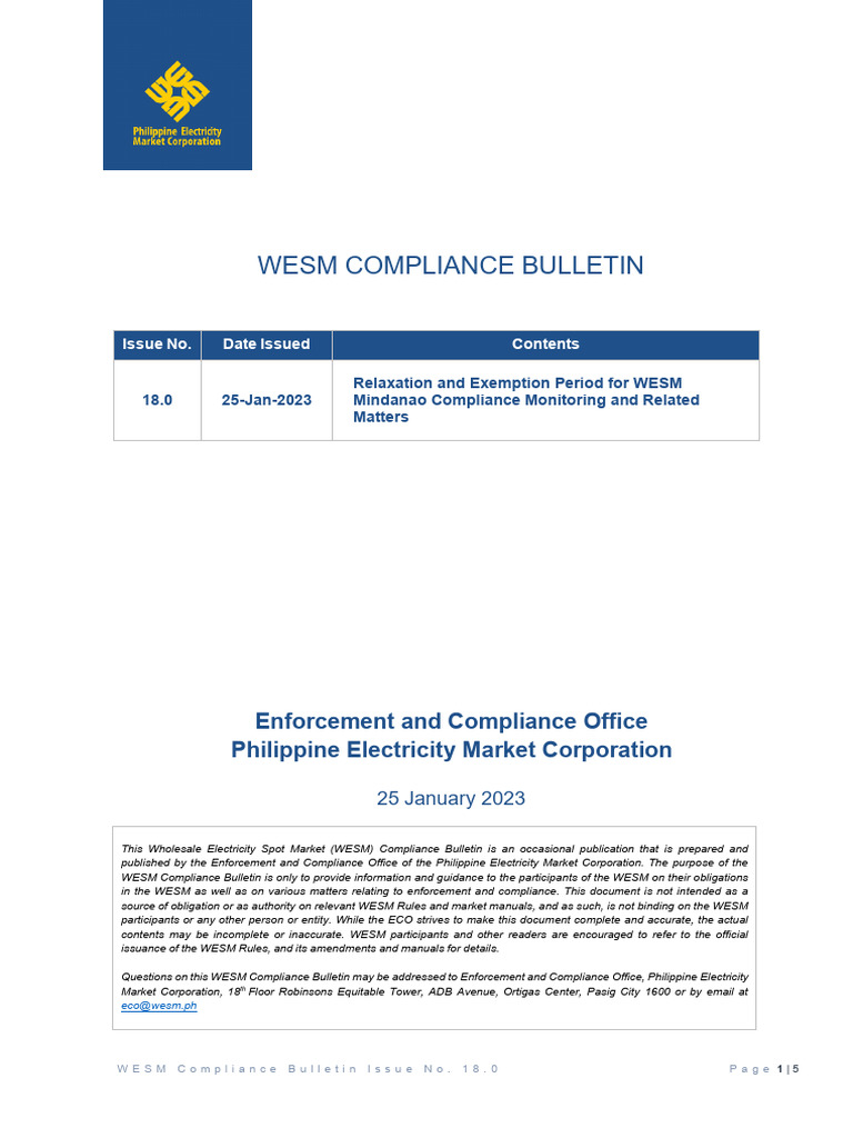 WESM Mindanao Compliance Bulletin 18.0 | PDF | Justice | Crime & Violence