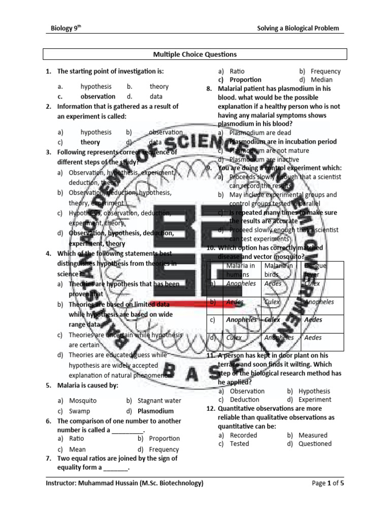 Biology 9th Solving A Biological Problem | PDF | Malaria | Infection