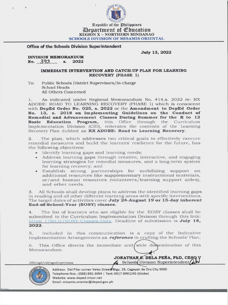 DM 393 S 2022 Immediate Intervention and Catch-Up Plan For Learning ...