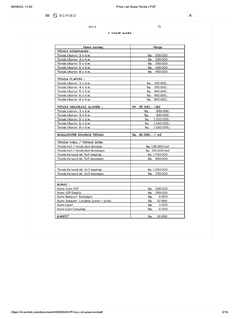 Price List Sewa Tenda - PDF | PDF