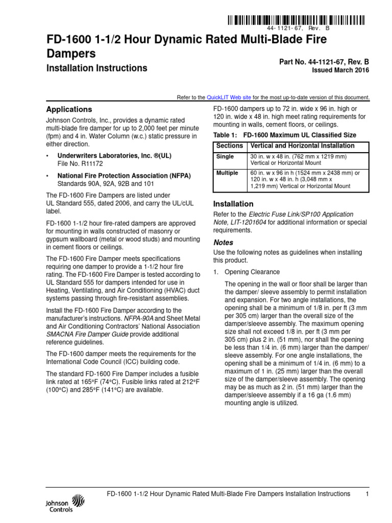 FD-1600 1.5 Hour Dynamic Rated Multi-Blade Fire Damper | PDF | Duct (Flow) | Screw